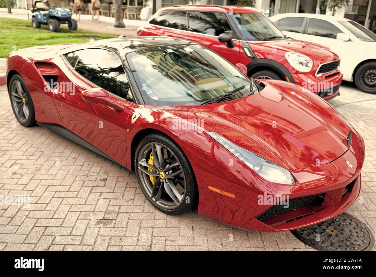 Miami Beach, Florida USA - April 18, 2021: red Ferrari 488 GTB, corner ...
