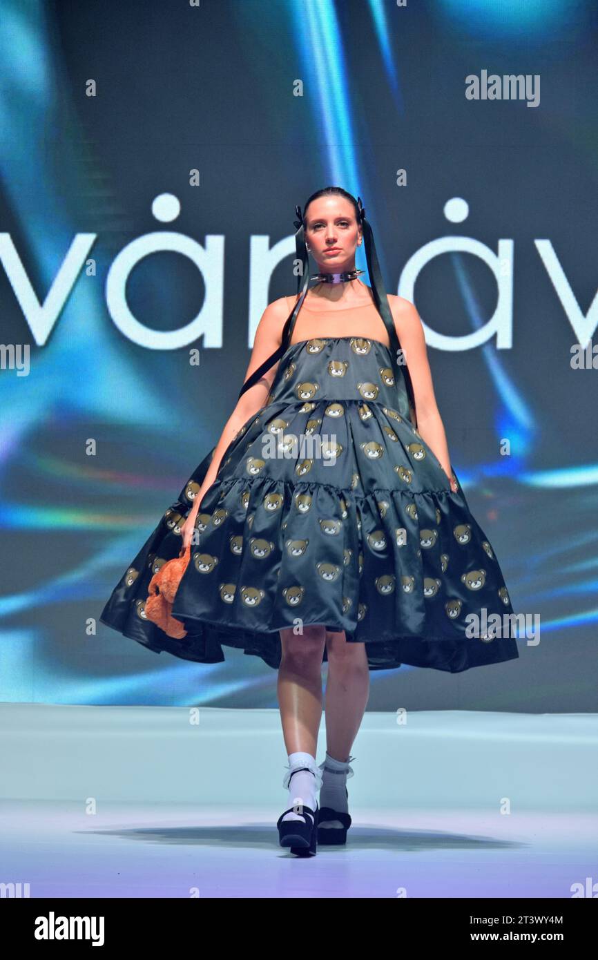 LEON, MEXICO. OCT. 26. A model walks the runway during the Ivan Avalos show as part of ANPIC 62 ...