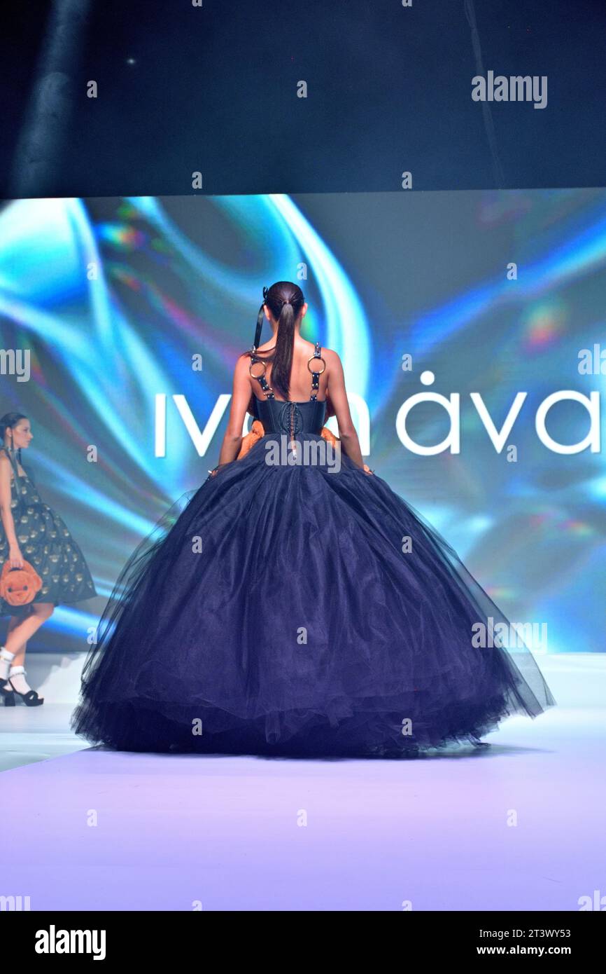 LEON, MEXICO. OCT. 26. A model walks the runway during the Ivan Avalos show as part of ANPIC 62 ...
