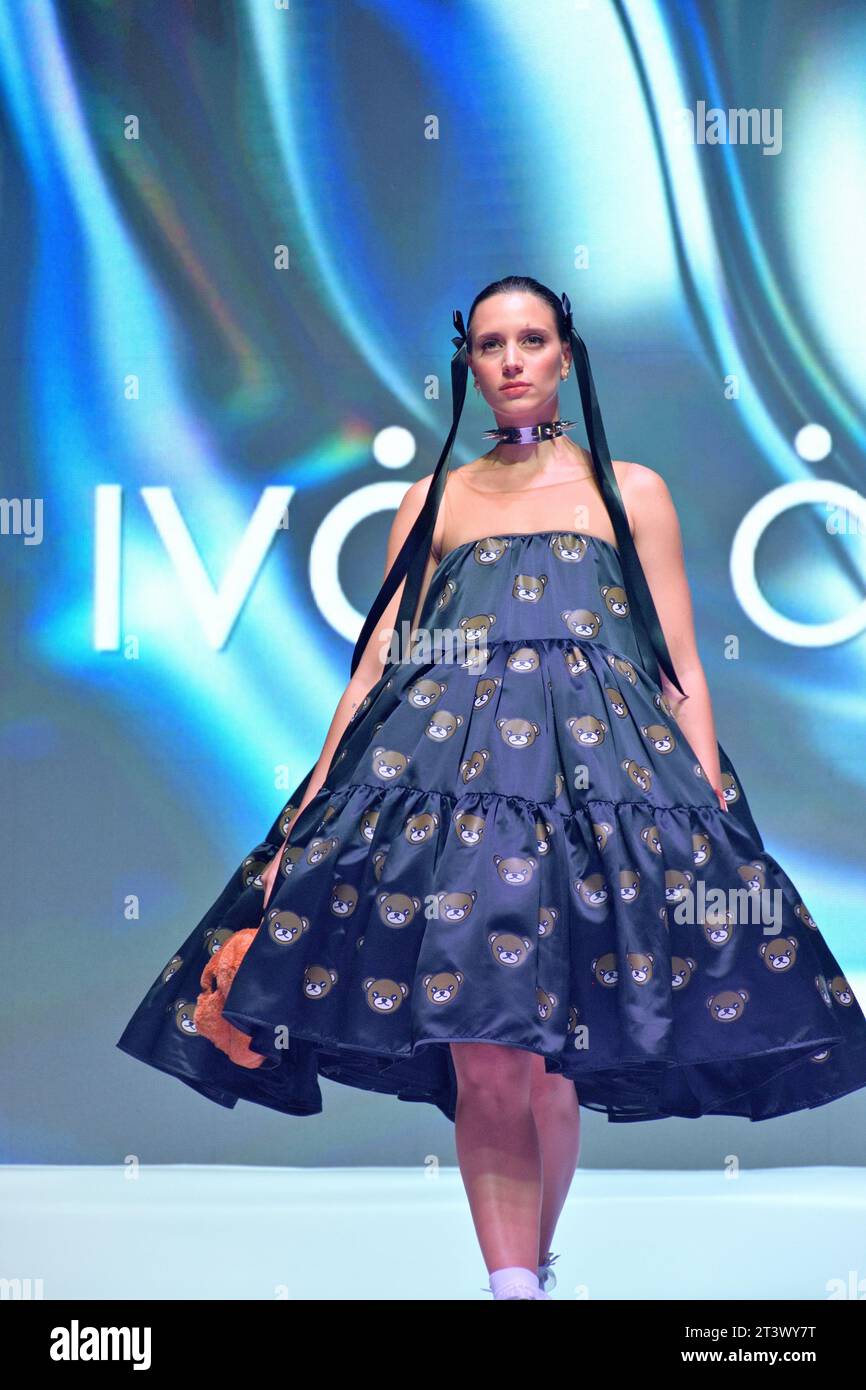 LEON, MEXICO. OCT. 26. A model walks the runway during the Ivan Avalos show as part of ANPIC 62 ...