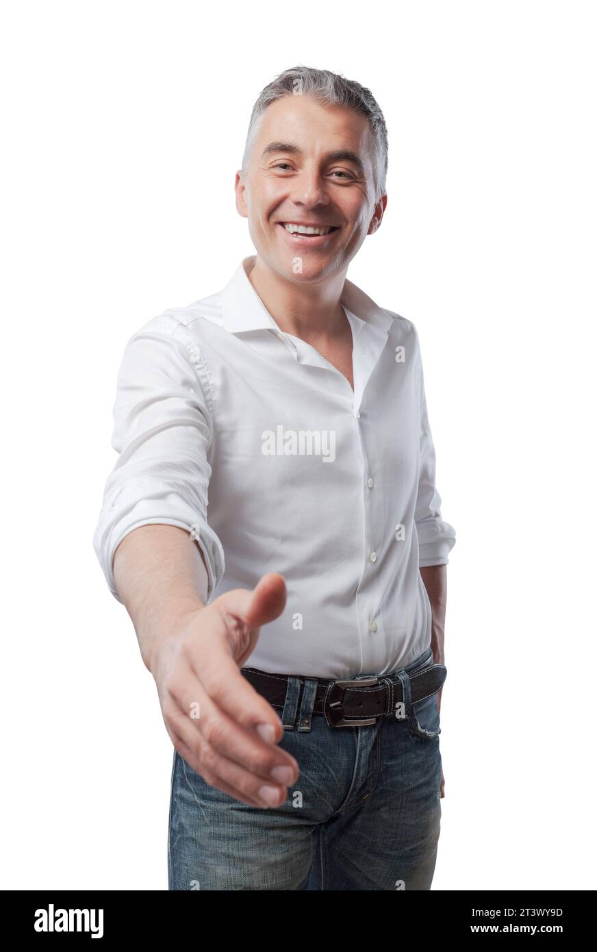 Friendly happy businessman offering his hand and greeting with a ...