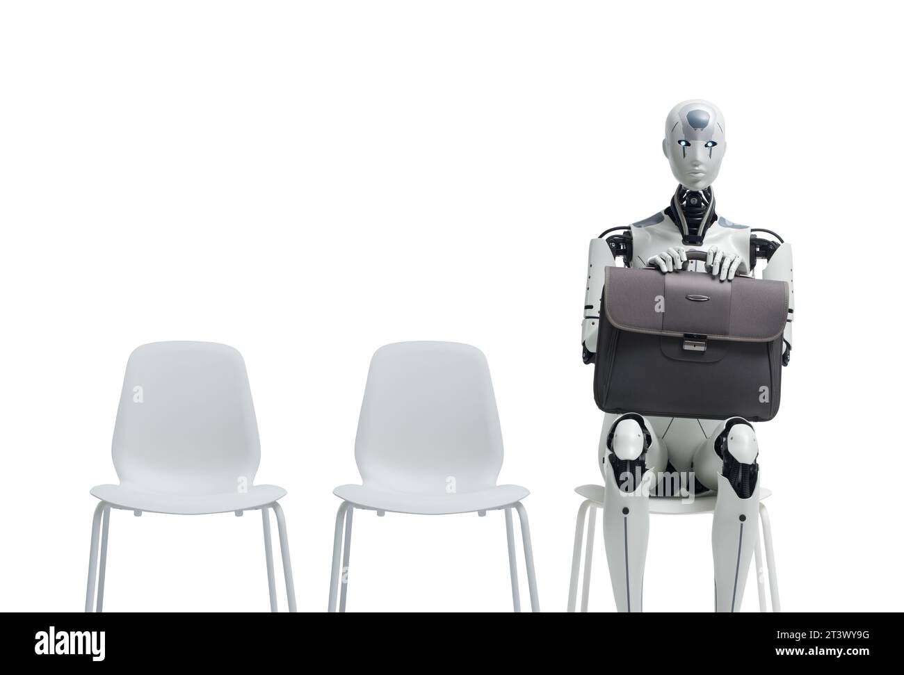 Futuristic android robot sitting on a chair and waiting for a job ...