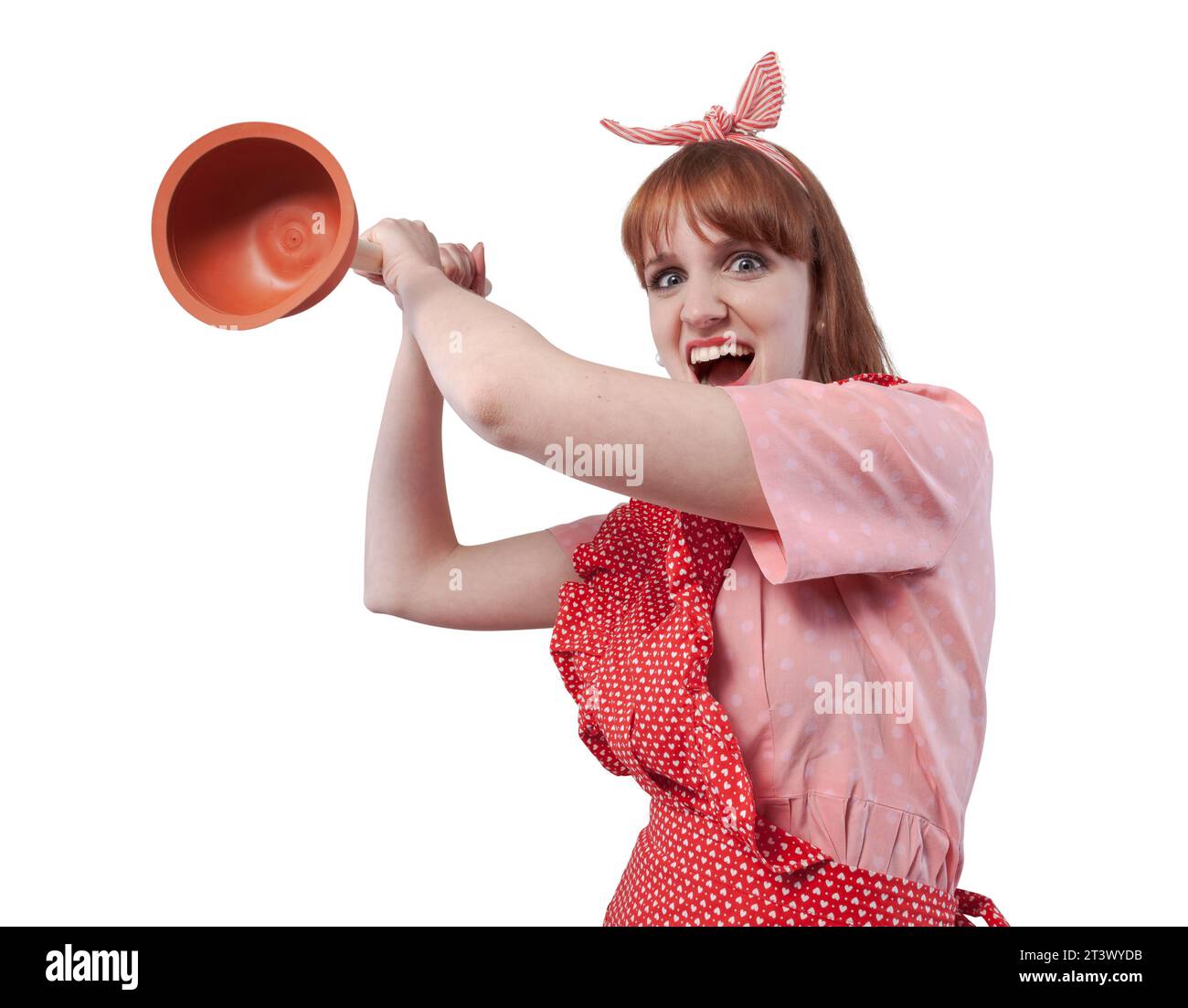Funny aggressive housewife hitting someone with a plunger at home Stock ...