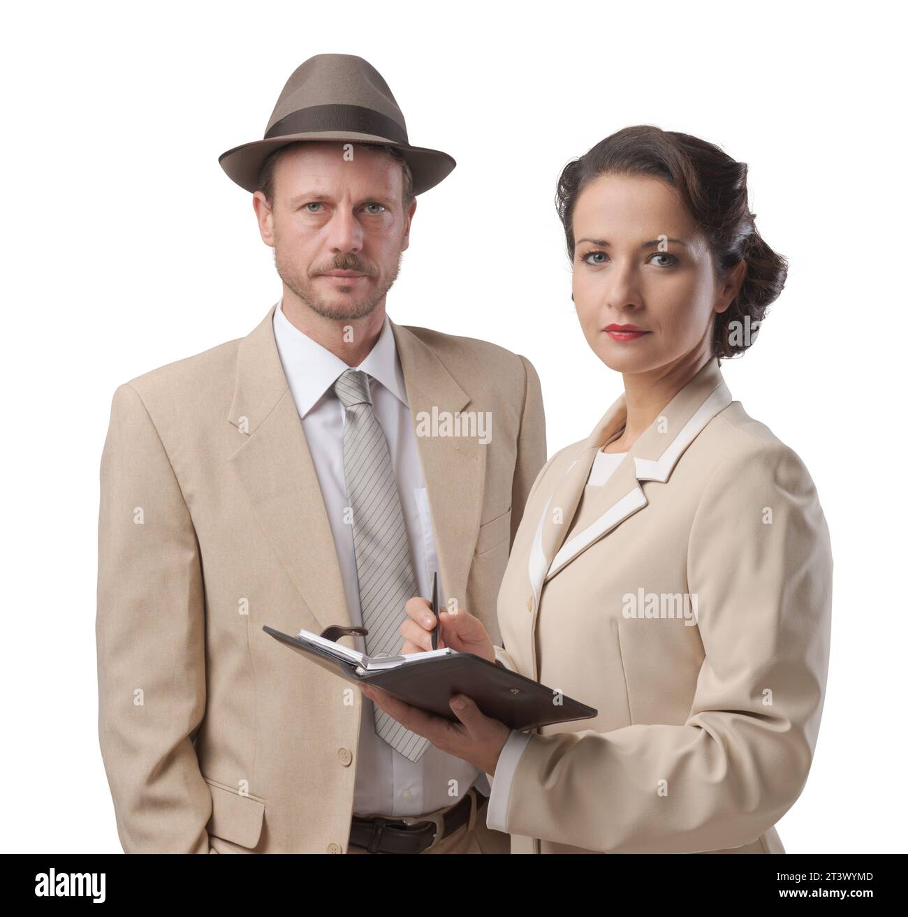 Vintage manager and secretary working together checking notes and ...