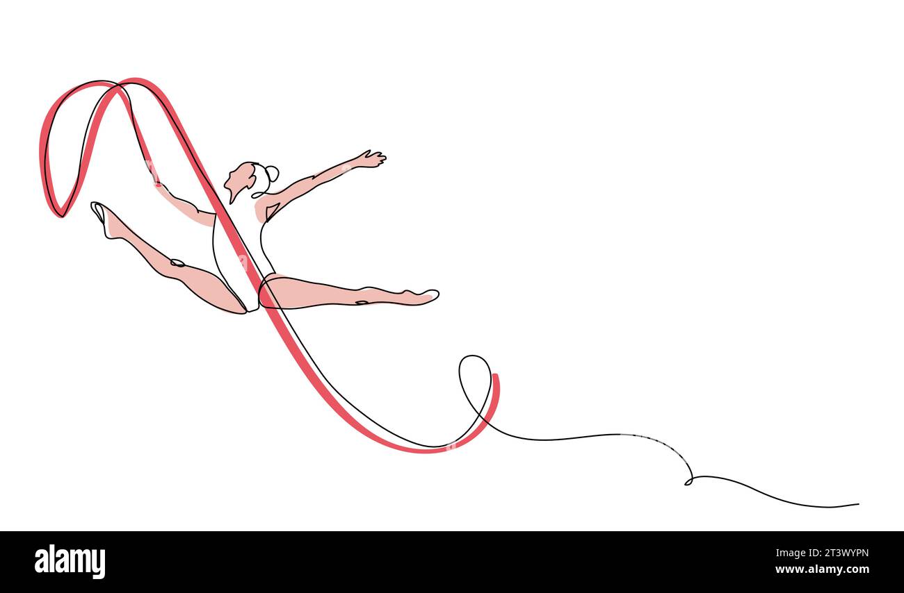Rhythmic gymnastics. Woman with ribbon. One continuous line art drawing ...