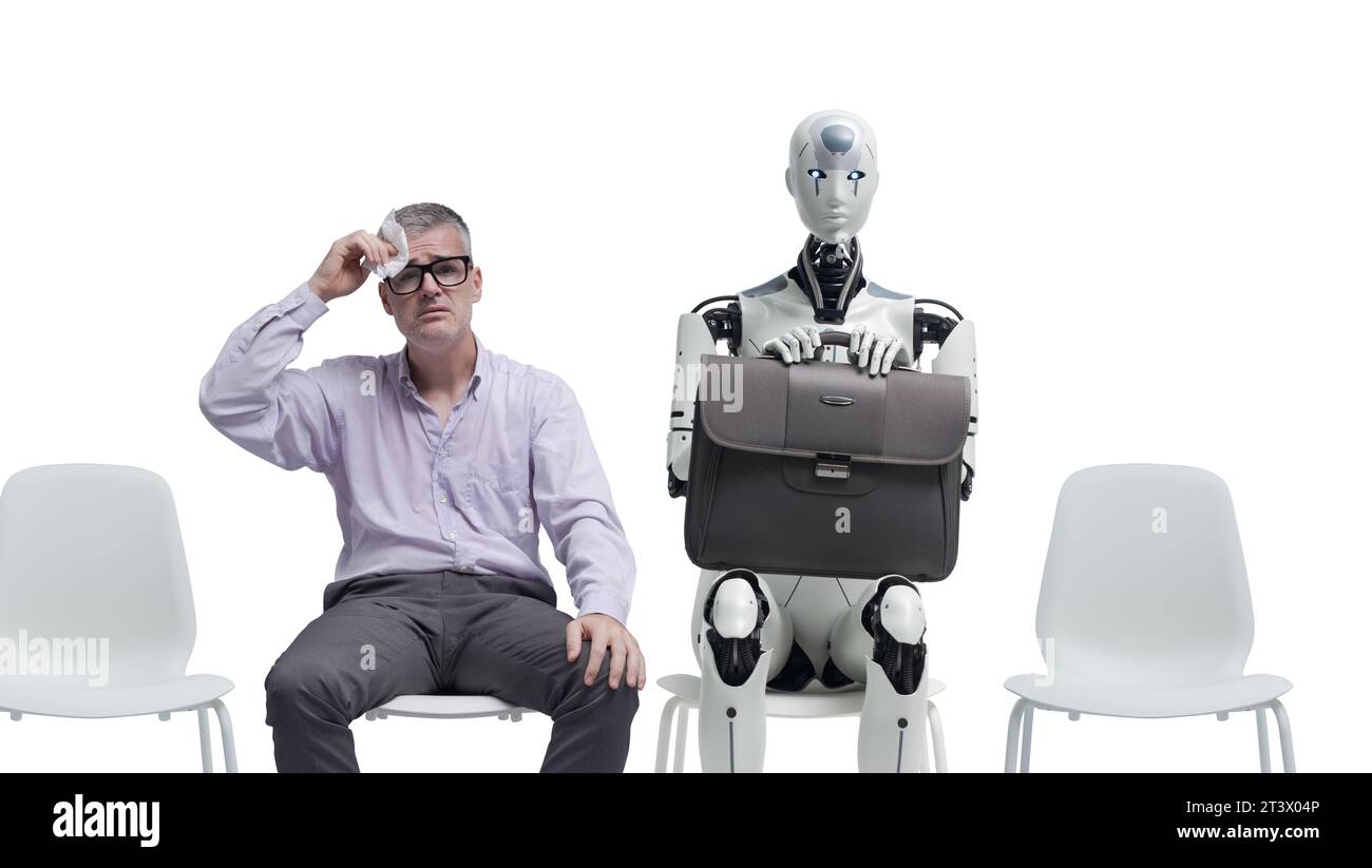 Stressed anxious man and robot sitting in the waiting room, they are ...