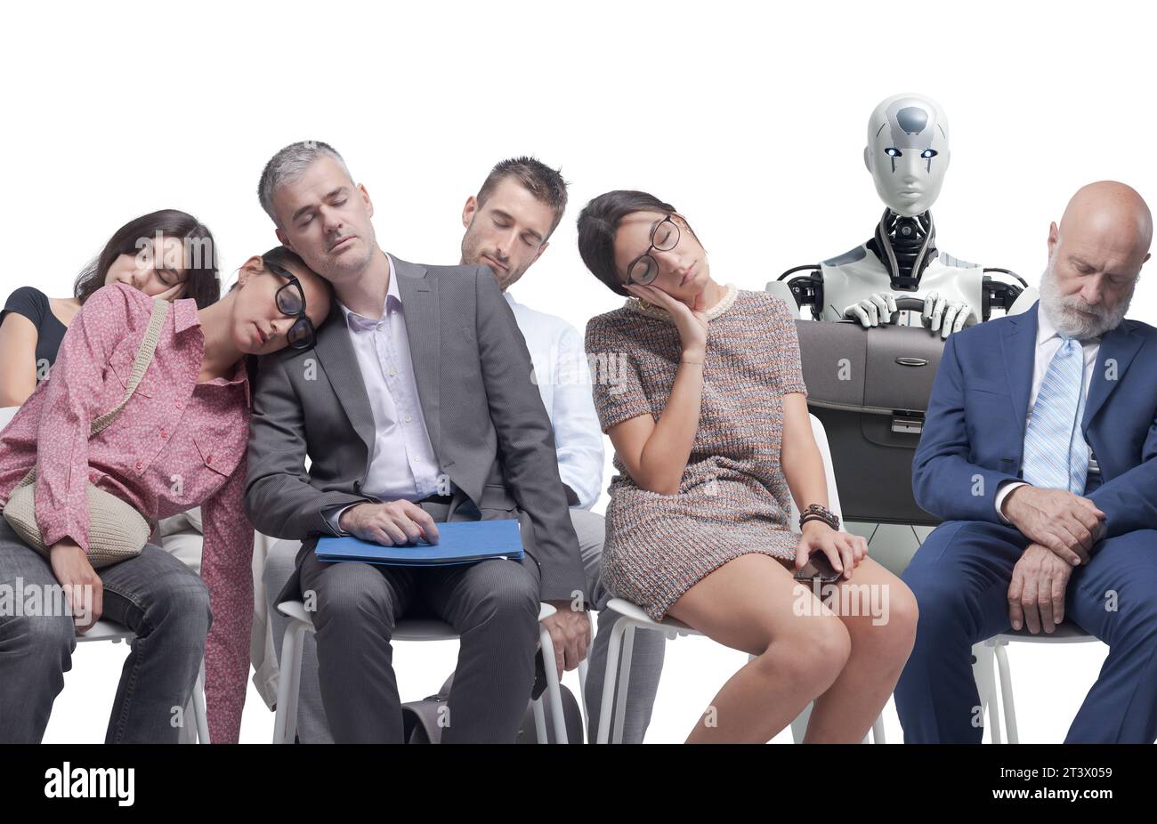 Tired exhausted applicants and android AI robot waiting for the job ...