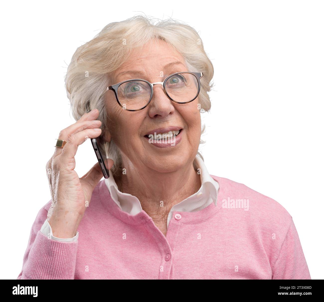 Modern happy senior lady having a phone call on her smartphone and ...