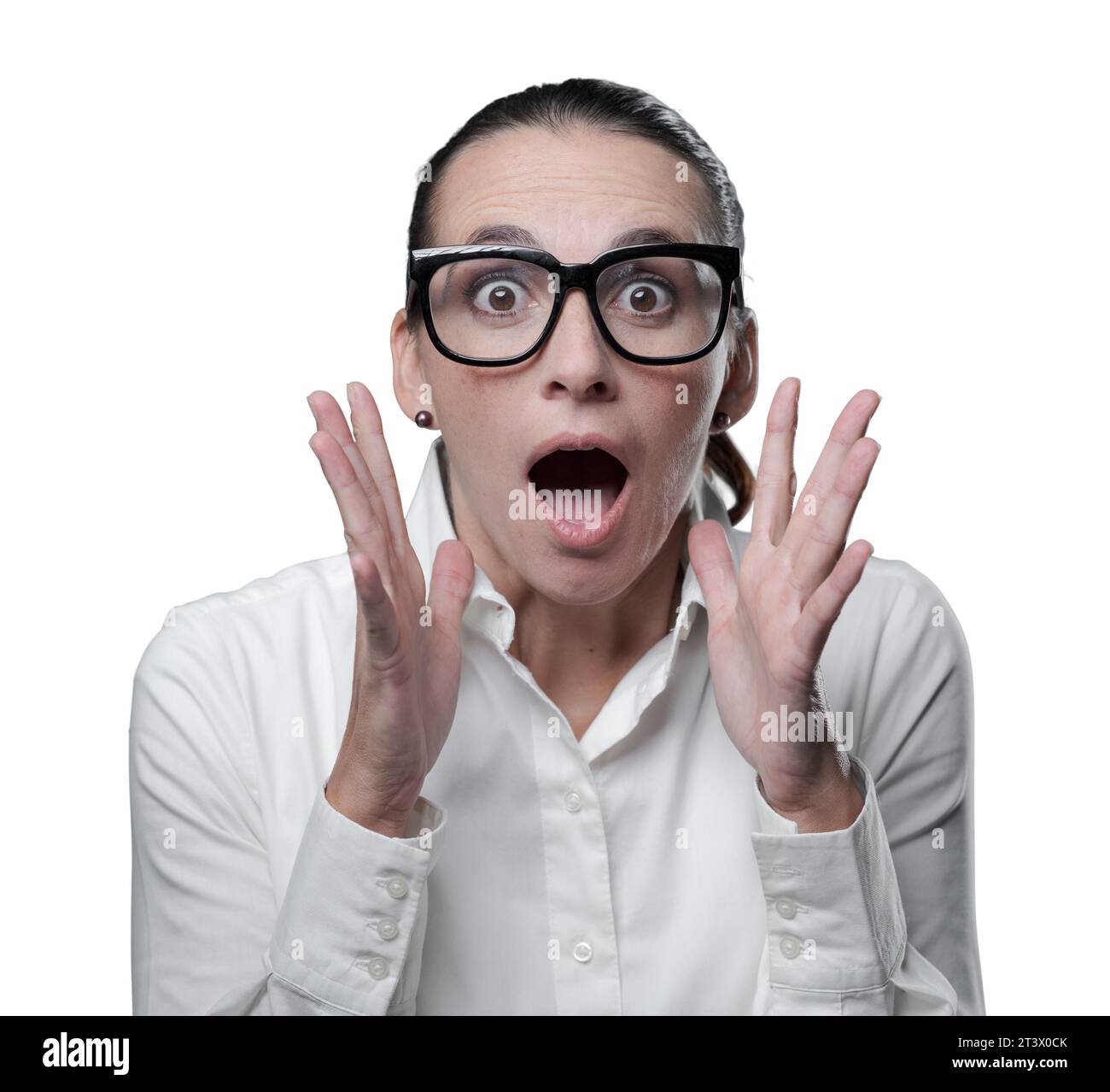 Shocked scared woman screaming and looking at camera, she has made a ...