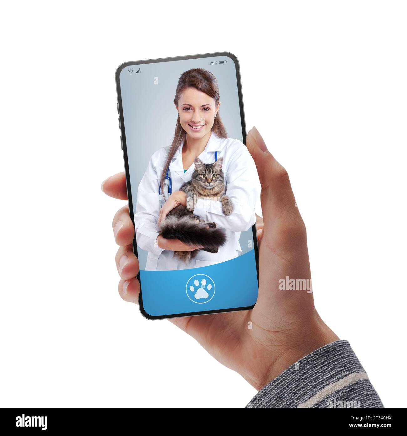 Online veterinarian service and pet care app: smiling female ...