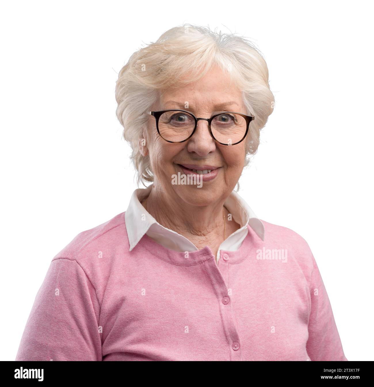 Happy beautiful senior lady posing and smiling, she is looking at ...