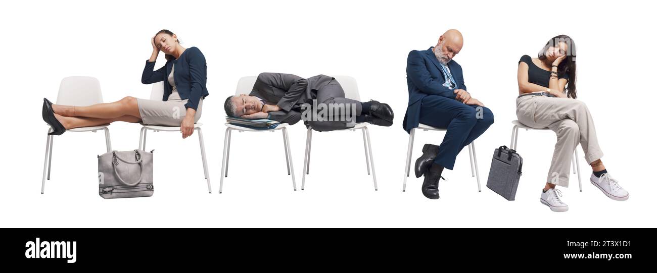 Diverse people falling asleep while sitting in the waiting room, set of ...