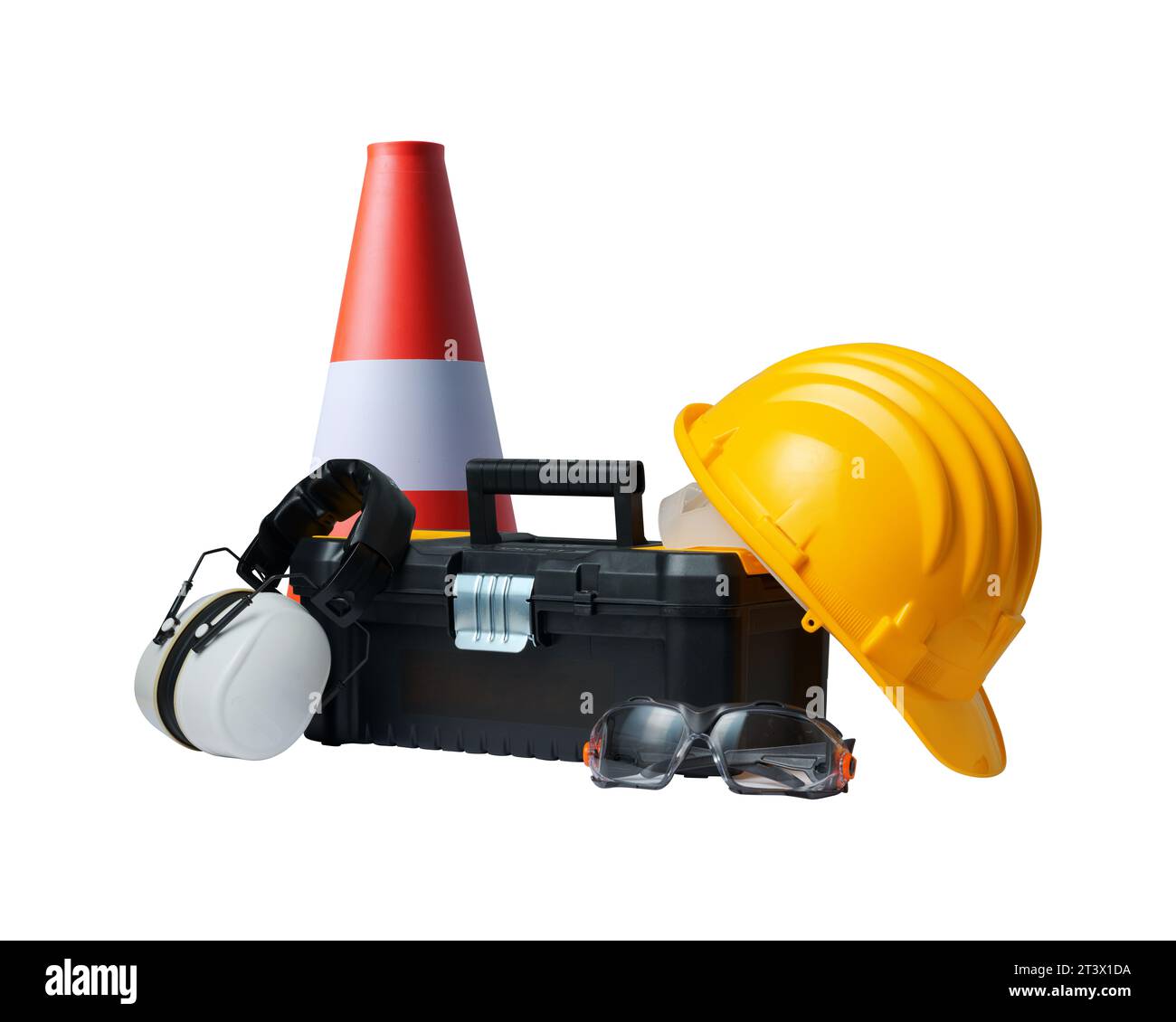 Construction worker tools and safety equipment: toolbox, hard hat, ear ...