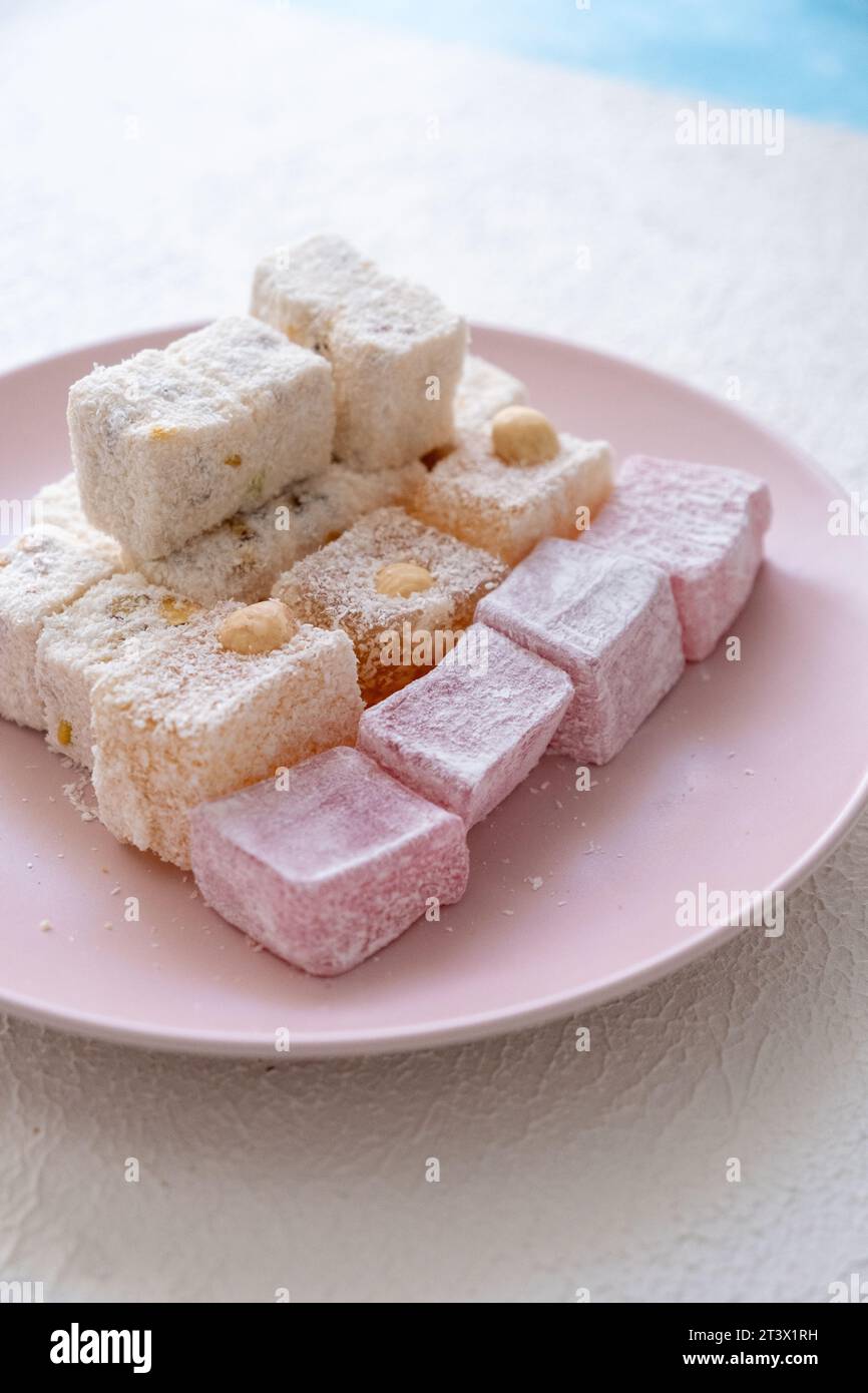 Turkish delights with hazelnuts, pistachios, walnuts, coconut and roses ...