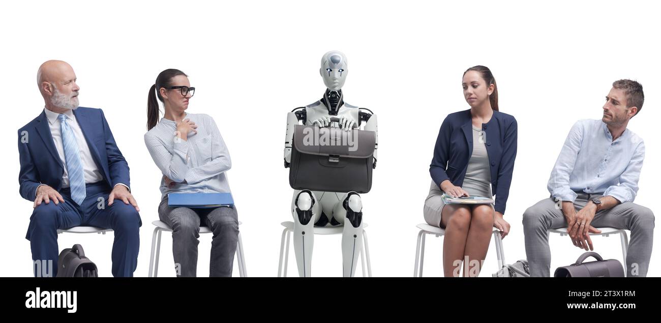 Disappointed job applicants sitting in the waiting room and staring at the AI robot candidate ...