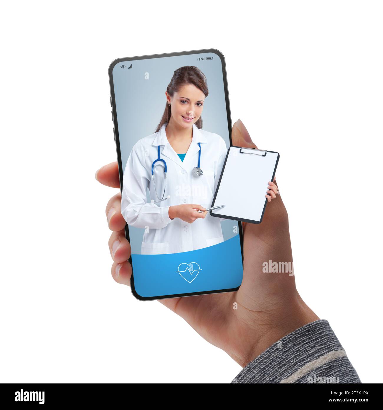 Smiling female doctor on smartphone screen giving a medical ...