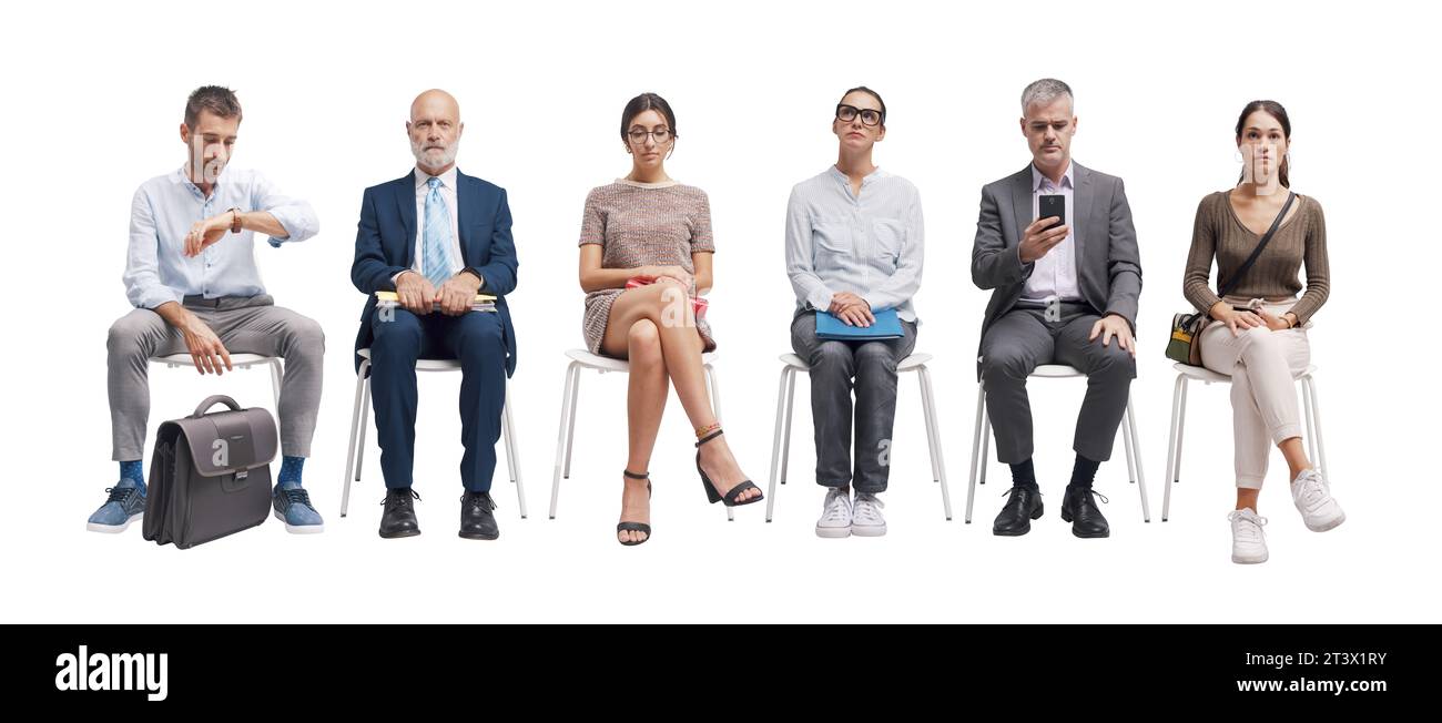 Diverse people sitting on a chair and waiting for a job interview or a ...