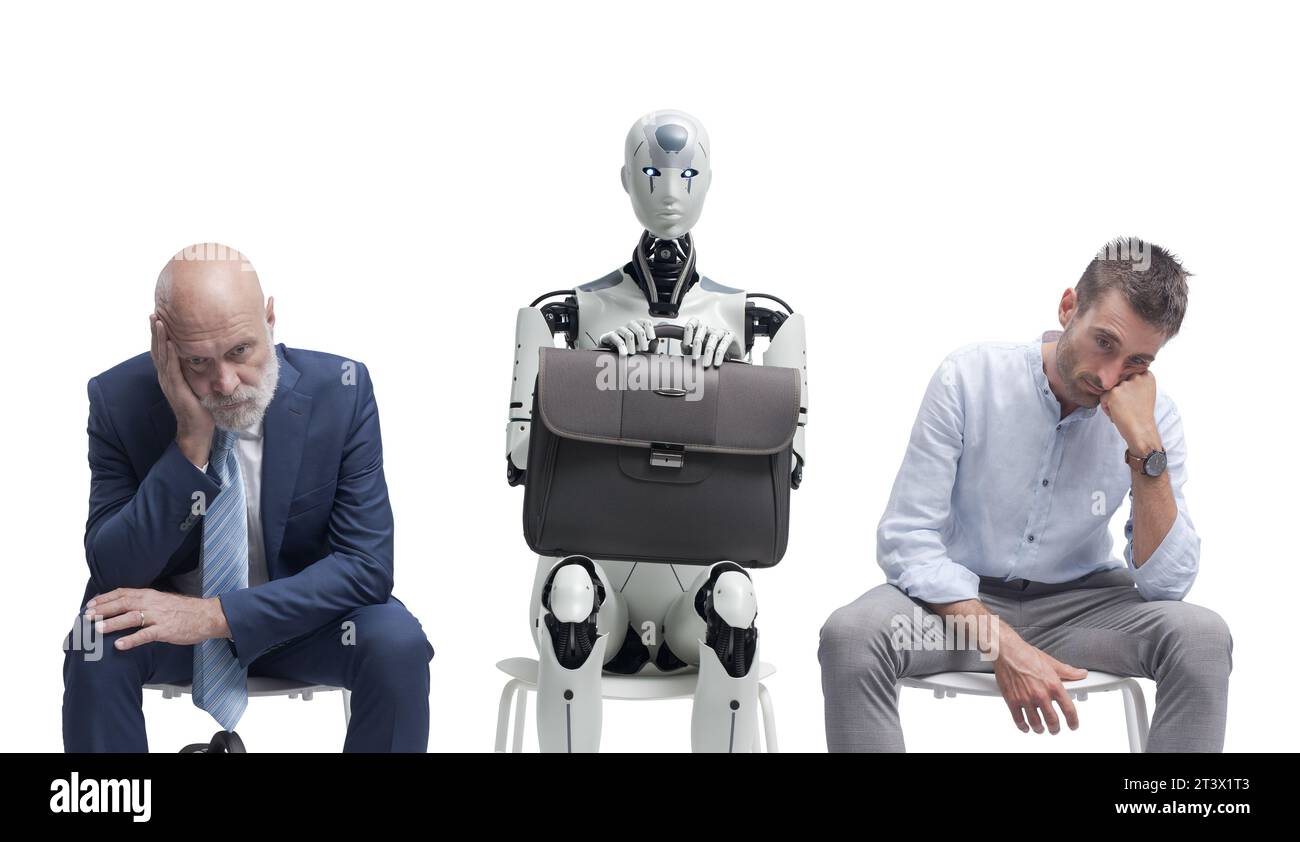 Tired exhausted applicants and android AI robot waiting for the job ...