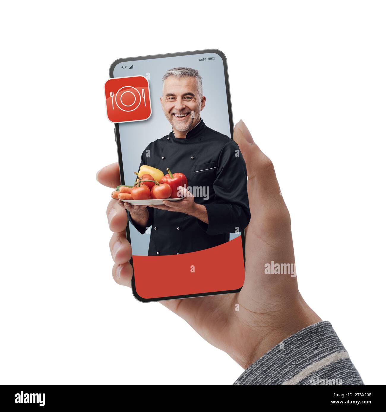 Smiling chef on smartphone screen: hire professionals online and cook ...