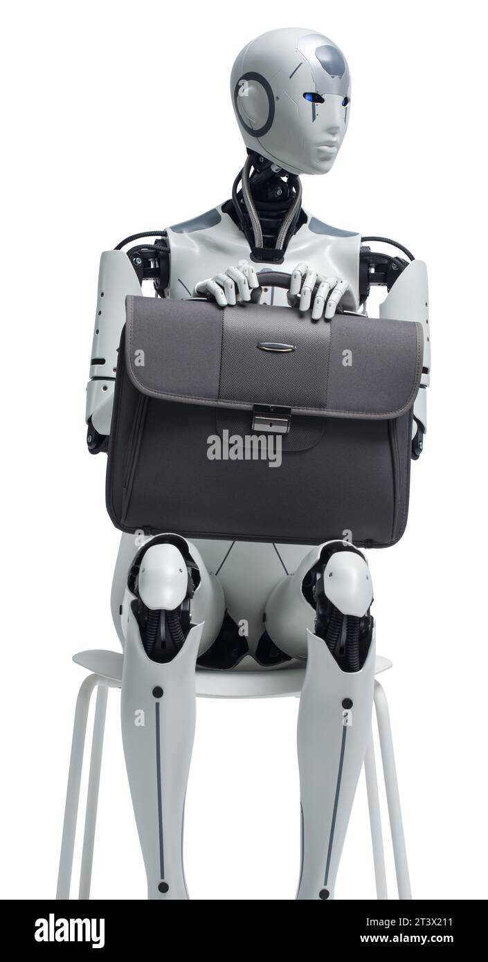 AI humanoid robot sitting on a chair and waiting for a job interview Stock Photo - Alamy