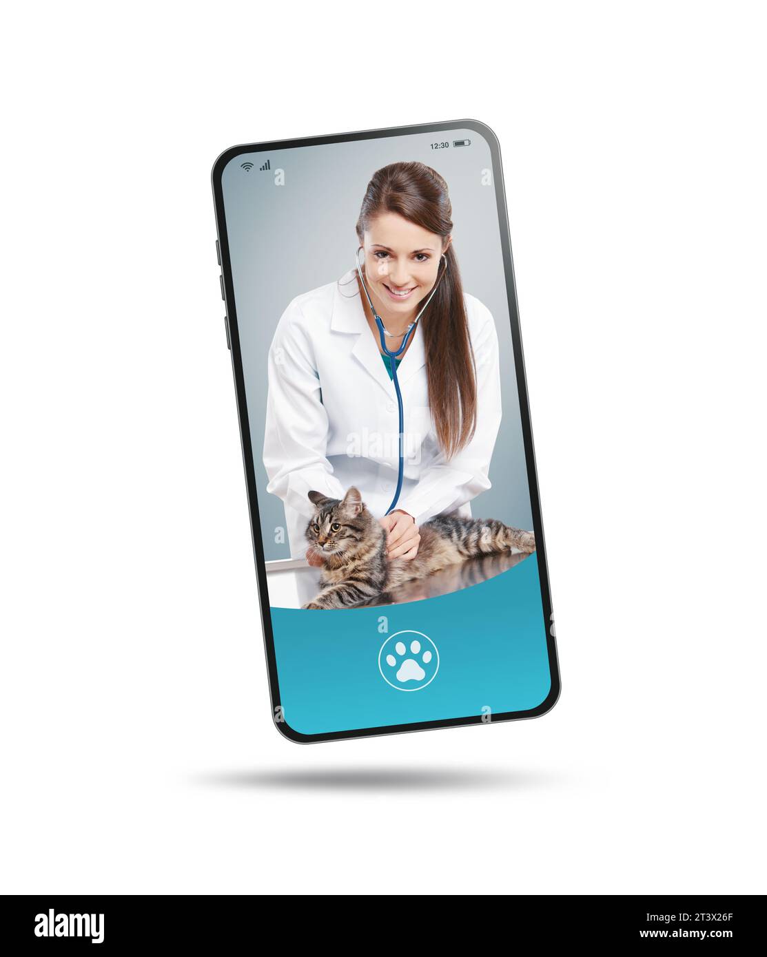 Online veterinarian service and pet care app: smiling female ...