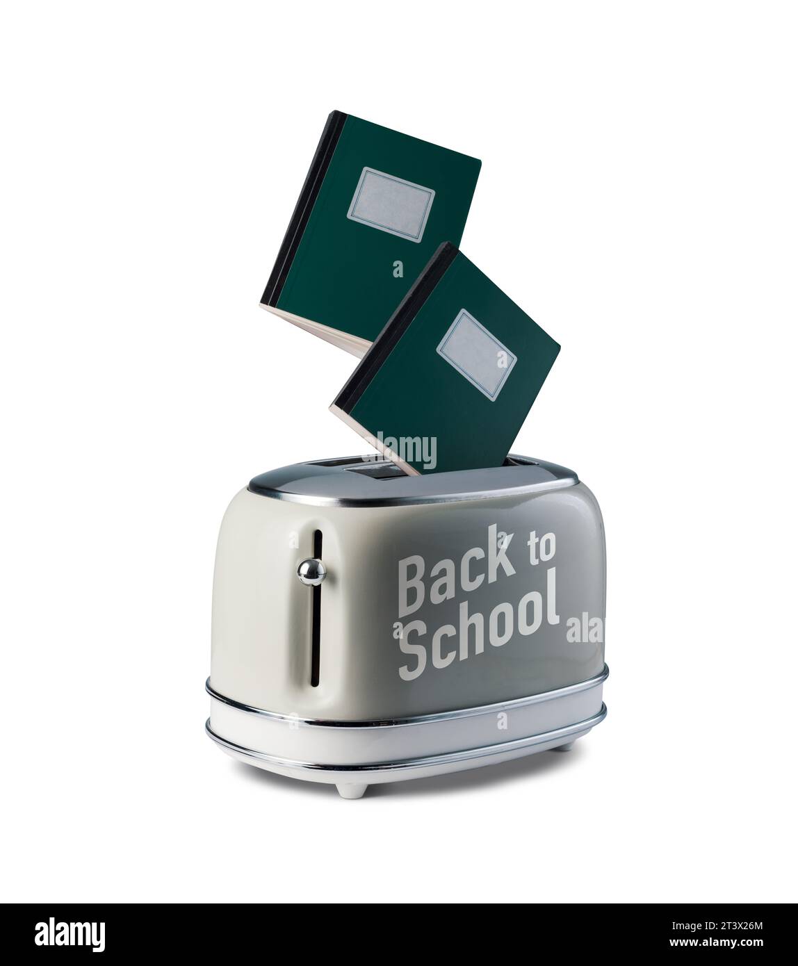 Notebooks popping out of a vintage toaster, back to school concept ...