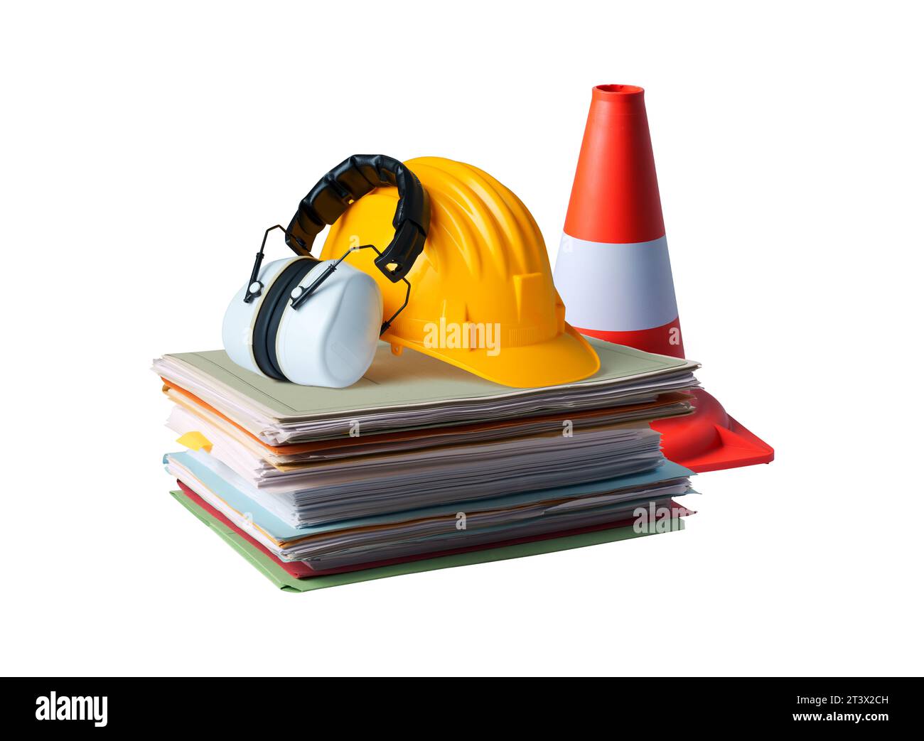 Pile of paperwork, safety equipment and work tools: construction and ...