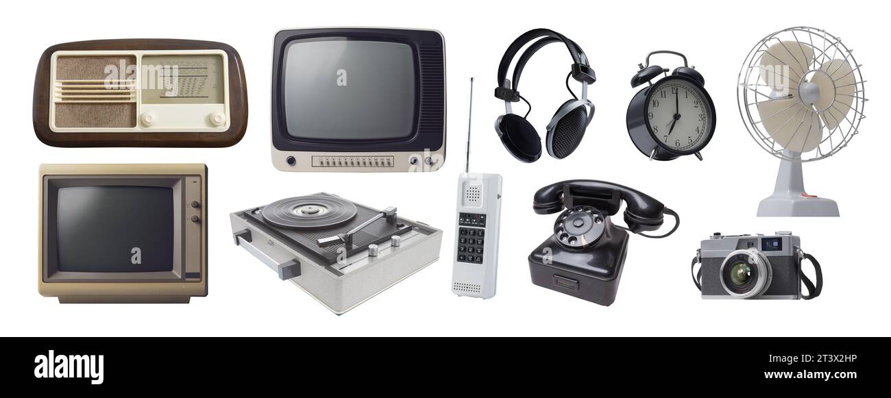 Collage of assorted vintage appliances, objects and electronics ...