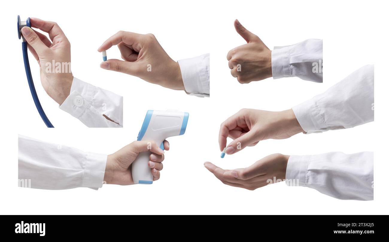 Collection of female doctor hands in different poses and holding ...