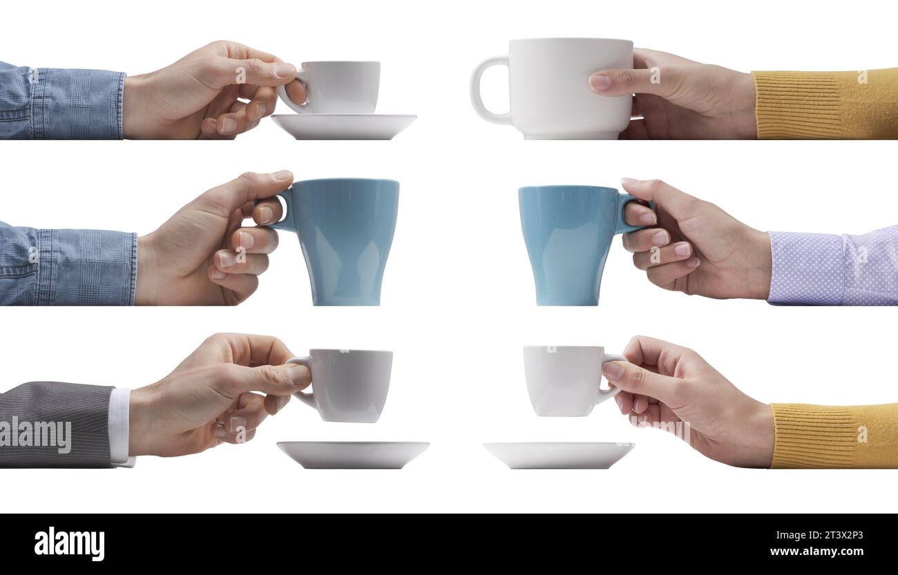 People having hot drinks: set of hands holding different kind of cups ...