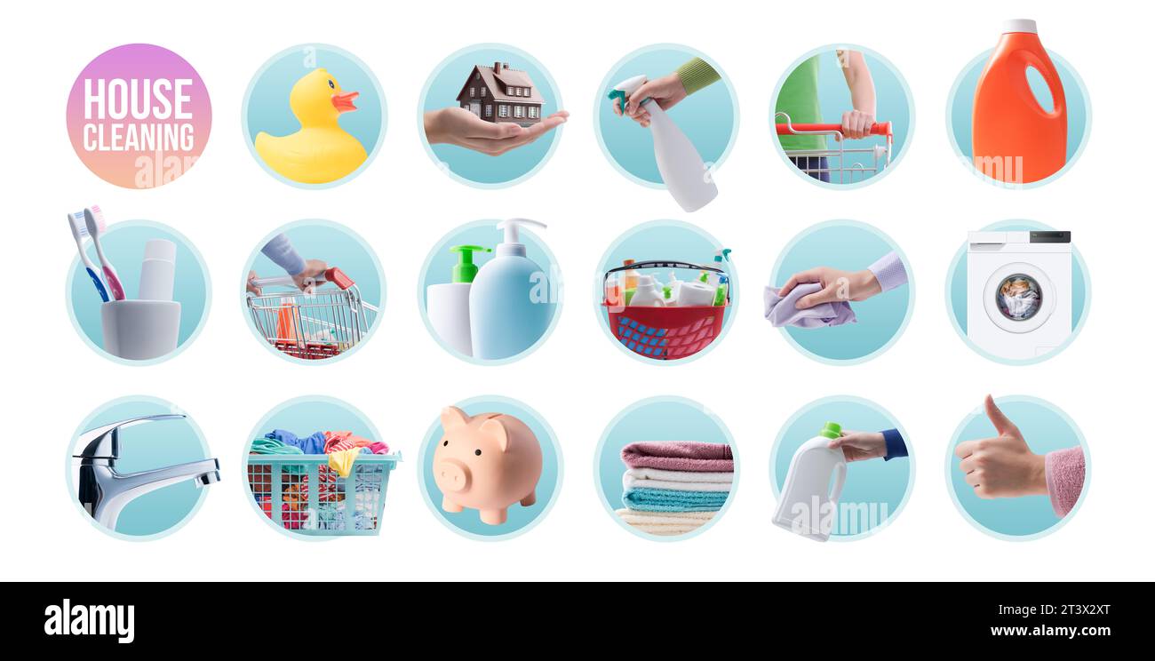 Housecleaning, hygiene and shopping icon set, isolated Stock Photo - Alamy
