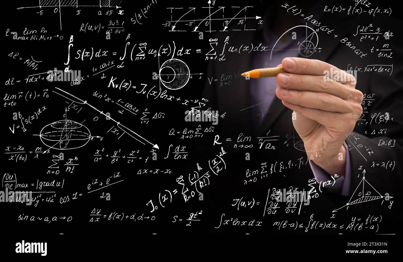 Male hand writing mathematical formulas on blurry background. Science ...