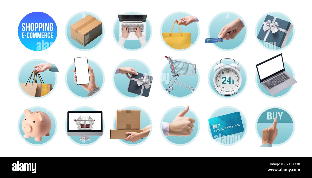 Shopping, e-commerce, payments and delivery icon set Stock Photo - Alamy