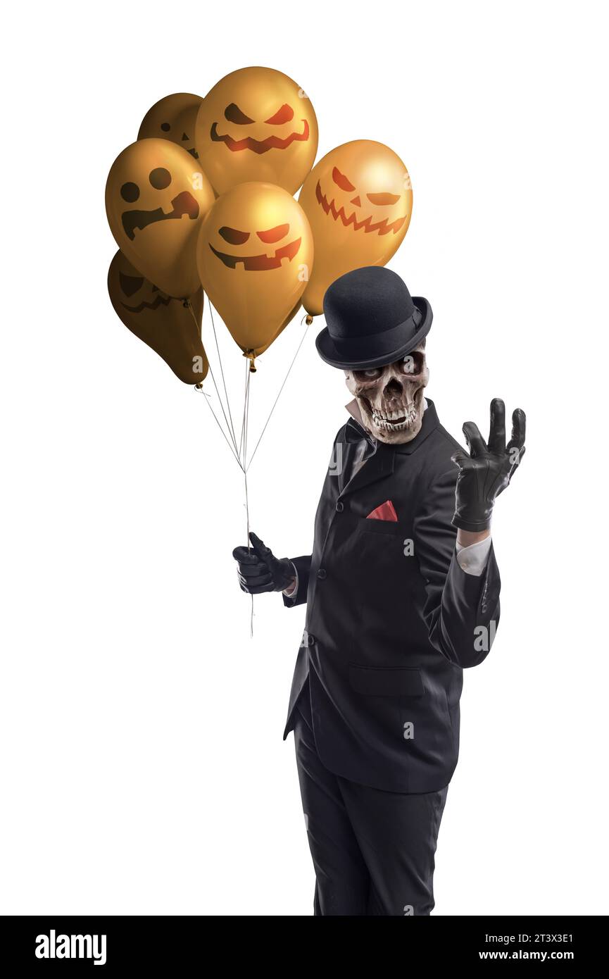 Creepy horror character holding Halloween balloons and looking at ...
