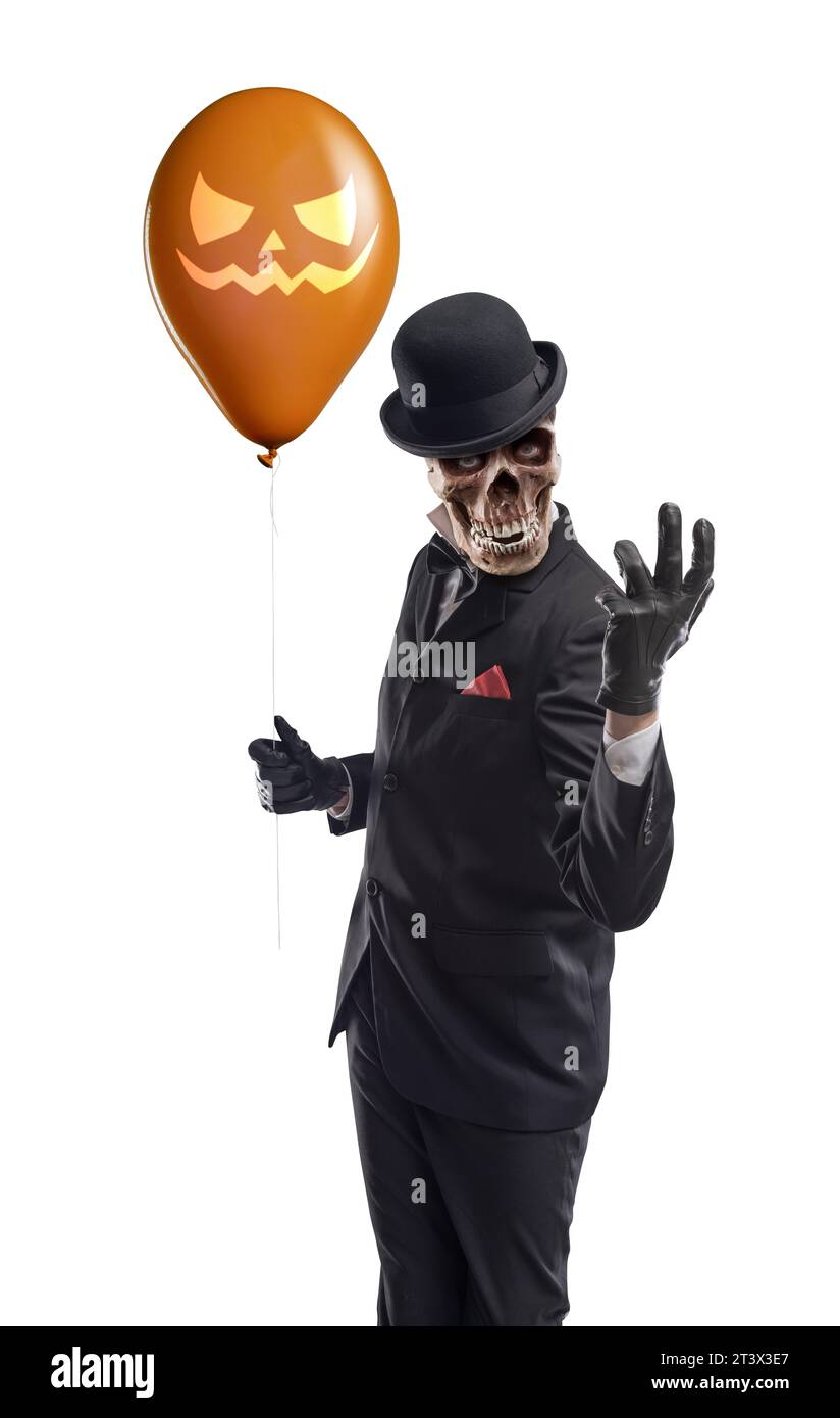 Creepy horror character holding Halloween balloons and looking at ...