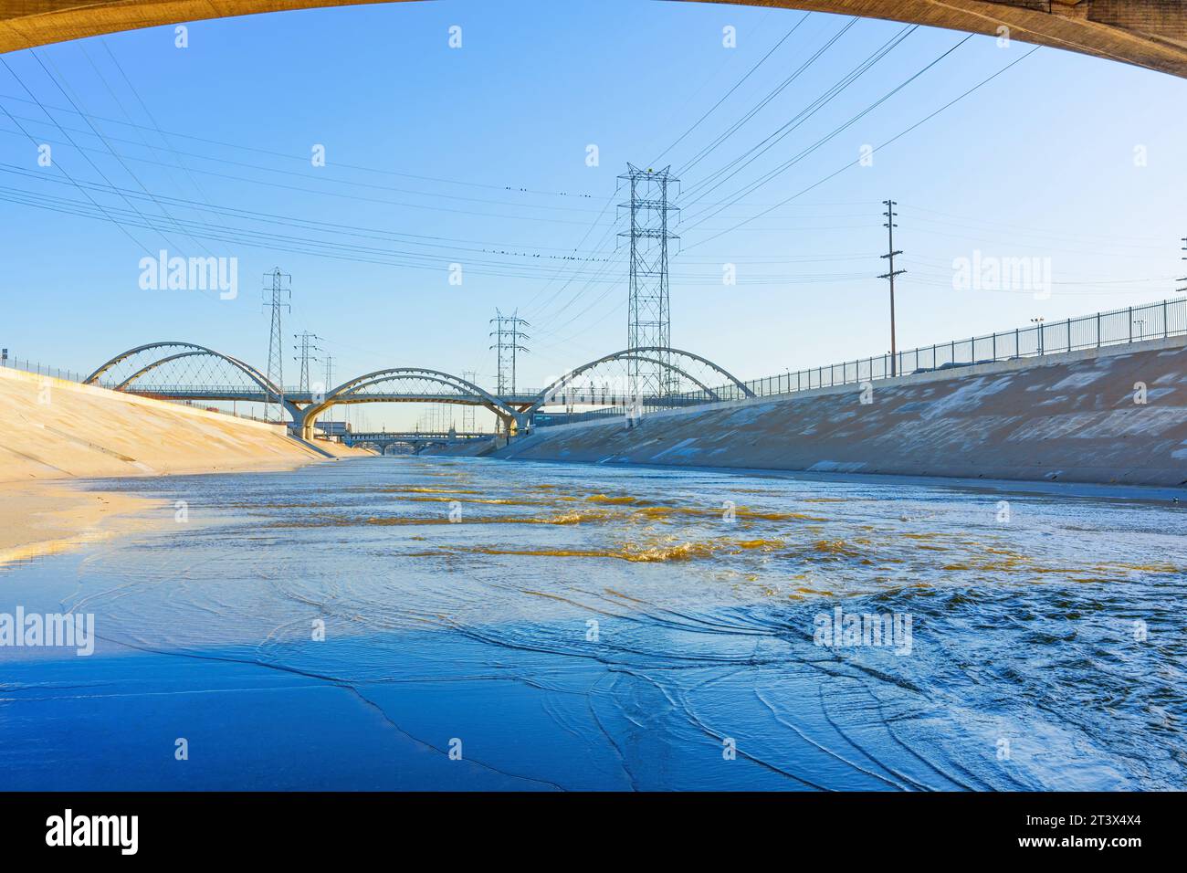 Wide angle view of the Los Angeles river concrete channel with iconic ...