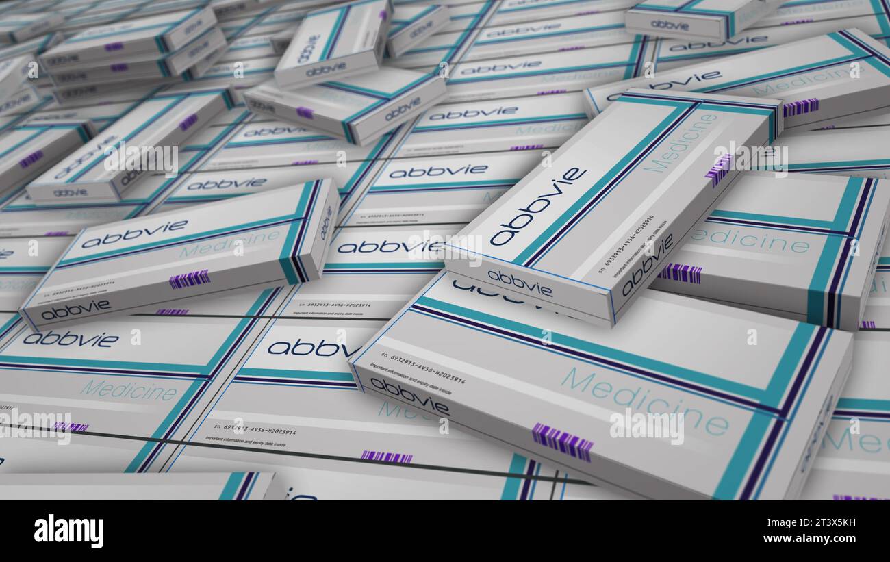 Poznan, Poland, October 25, 2023: Abbvie tablets box production line ...