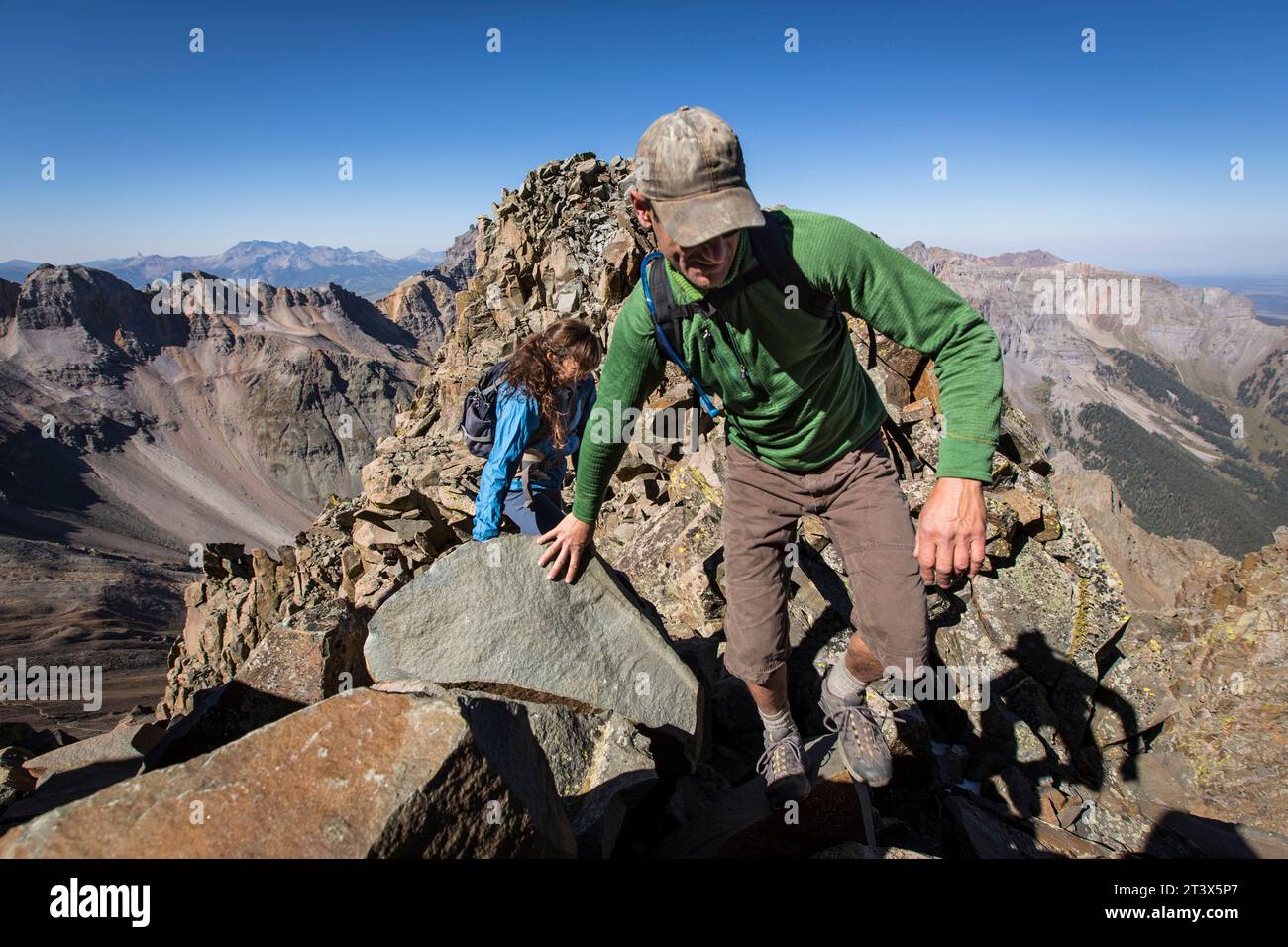 Hikers along South West ridge of Sneffels peak, Colorado Stock Photo ...