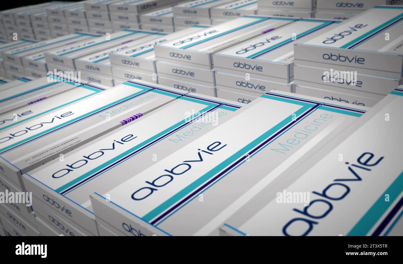 Poznan, Poland, October 25, 2023: Abbvie tablets box production line ...
