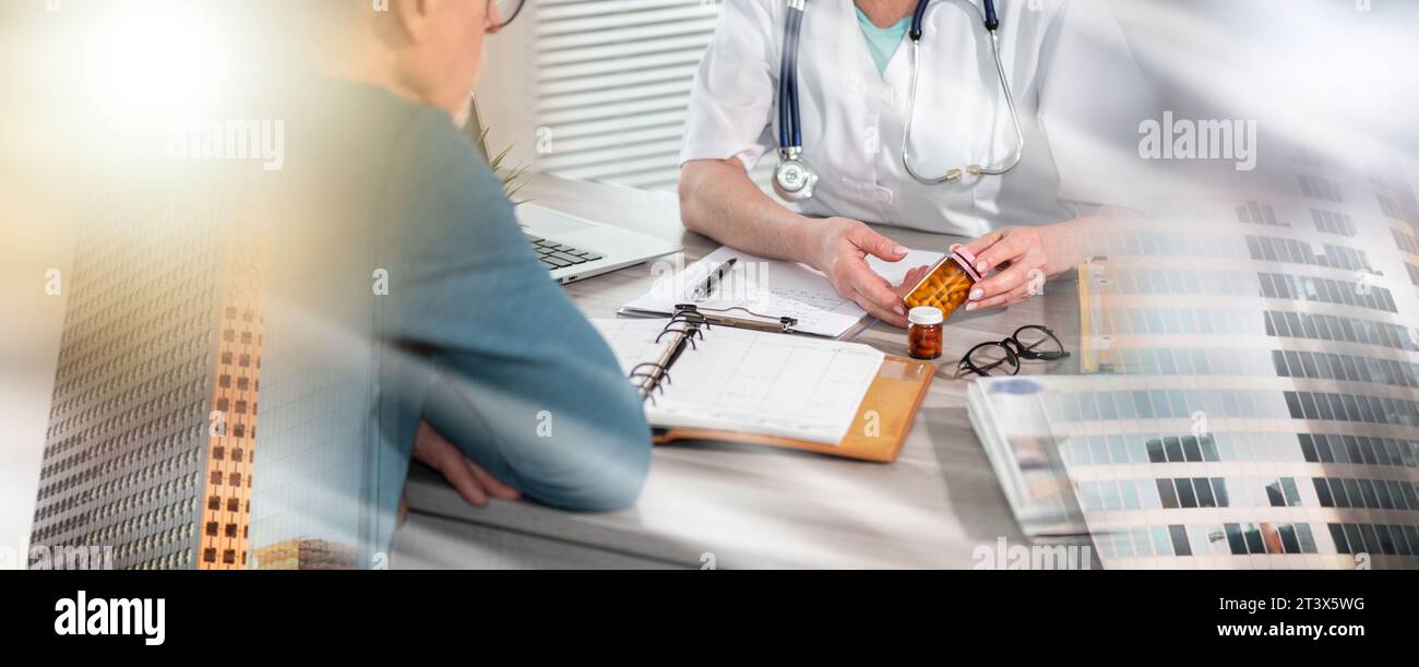 Female doctor explaining medicine to her patient in medical office ...