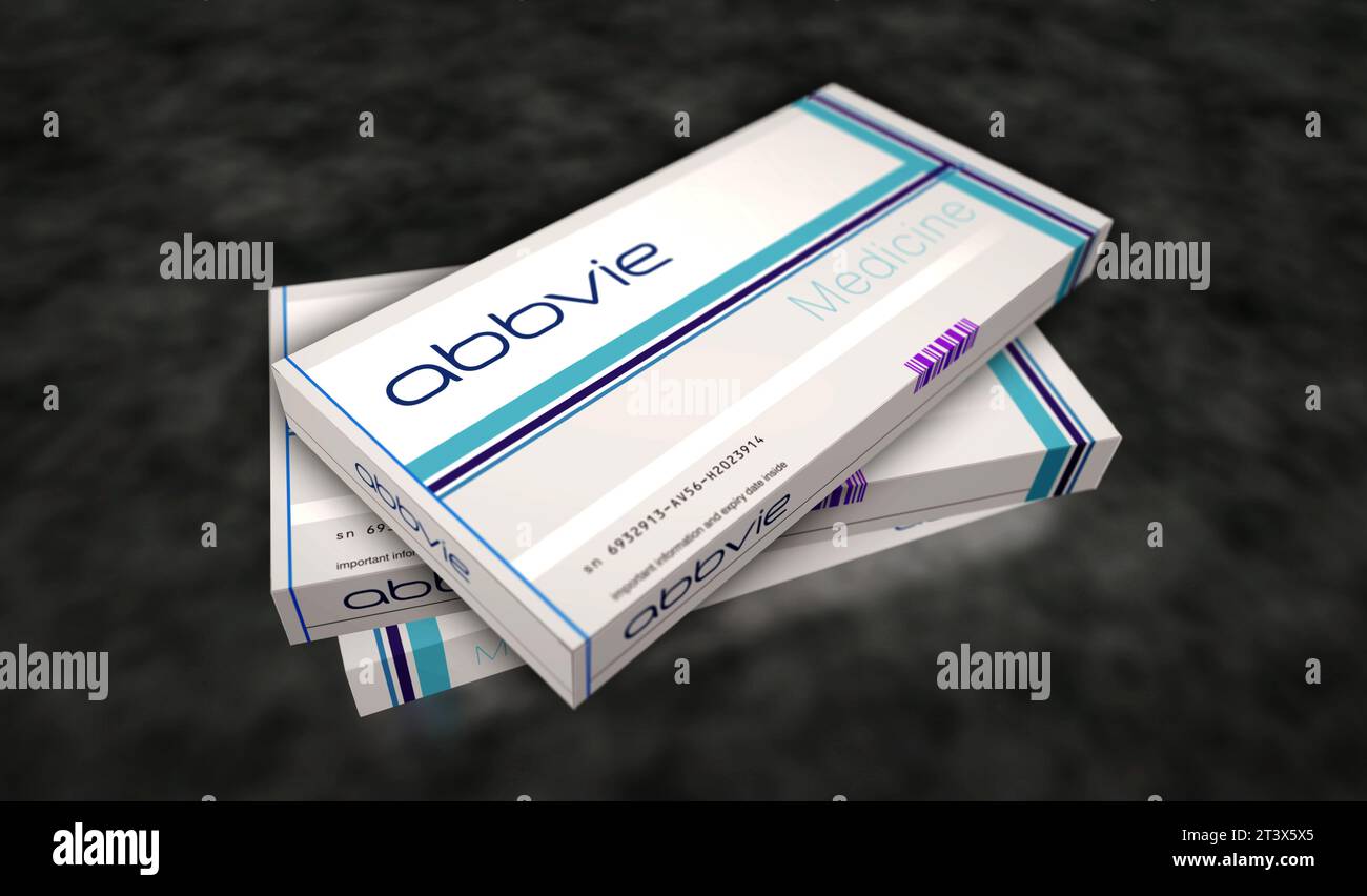 Poznan, Poland, October 25, 2023: Abbvie tablets box production line ...