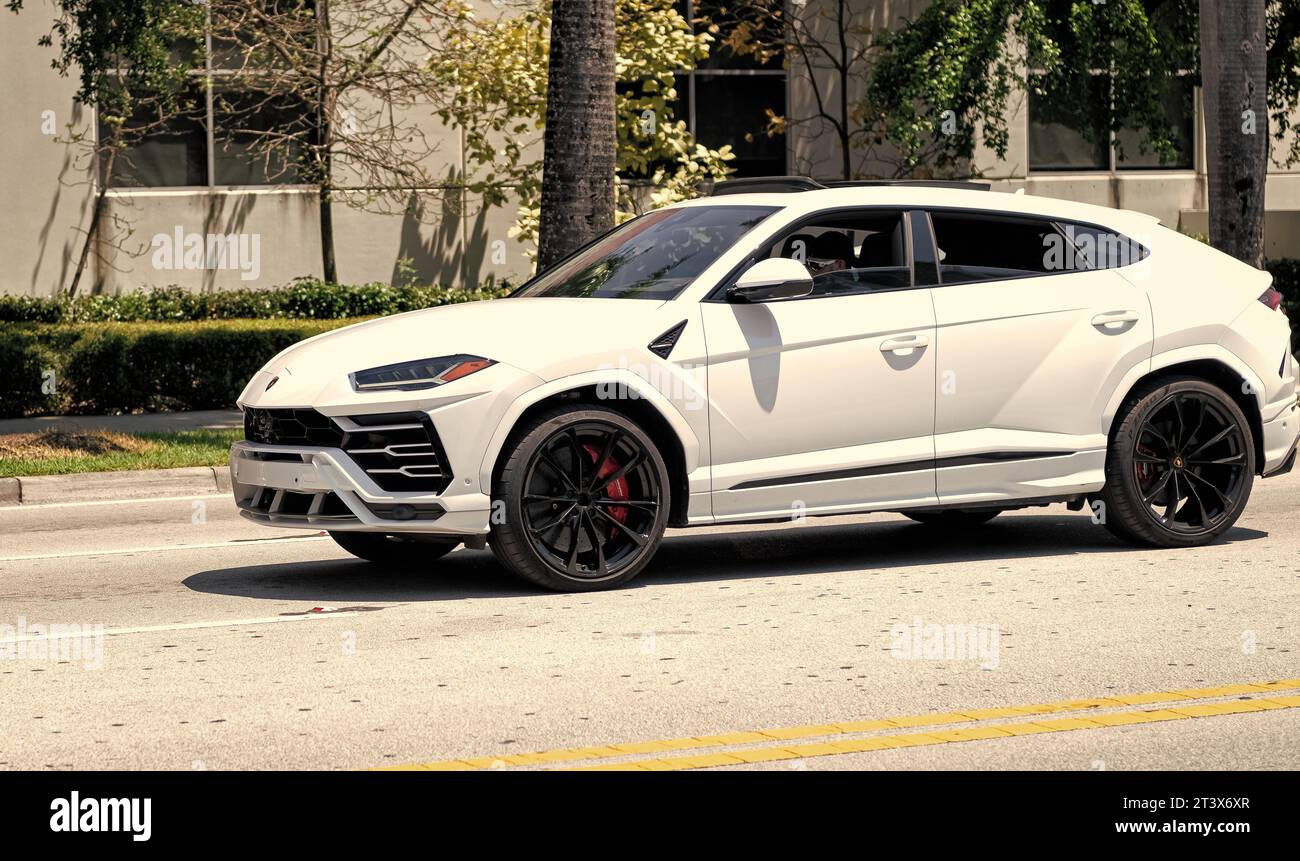 Miami Beach, Florida USA - April 15, 2021: 2019 Giallo Auge Lamborghini ...