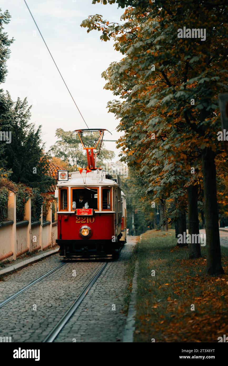An old tram rides along an autumn alley in Prague Stock Photo - Alamy
