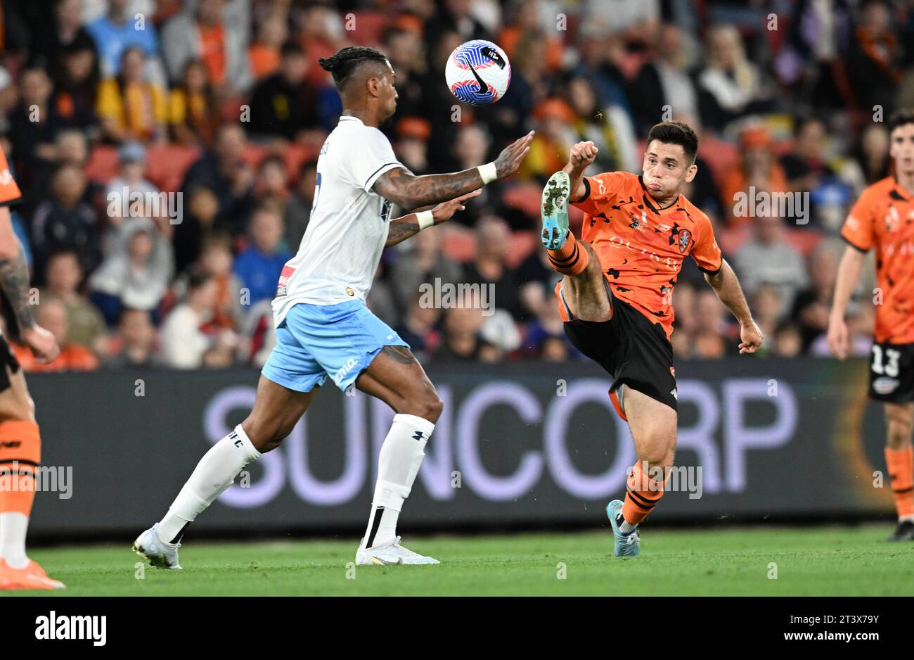 Brisbane, Australia. 27th Oct, 2023. Joe Caletti (right) of the Roar ...