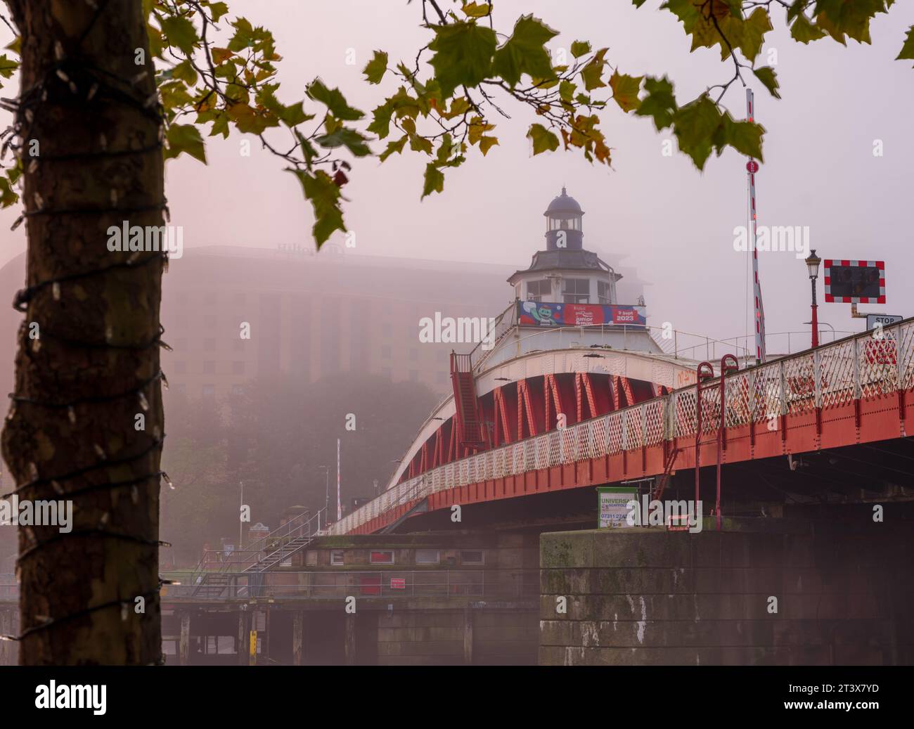 Newcastle swing bridge on misty morning framed by autumn leaves ...
