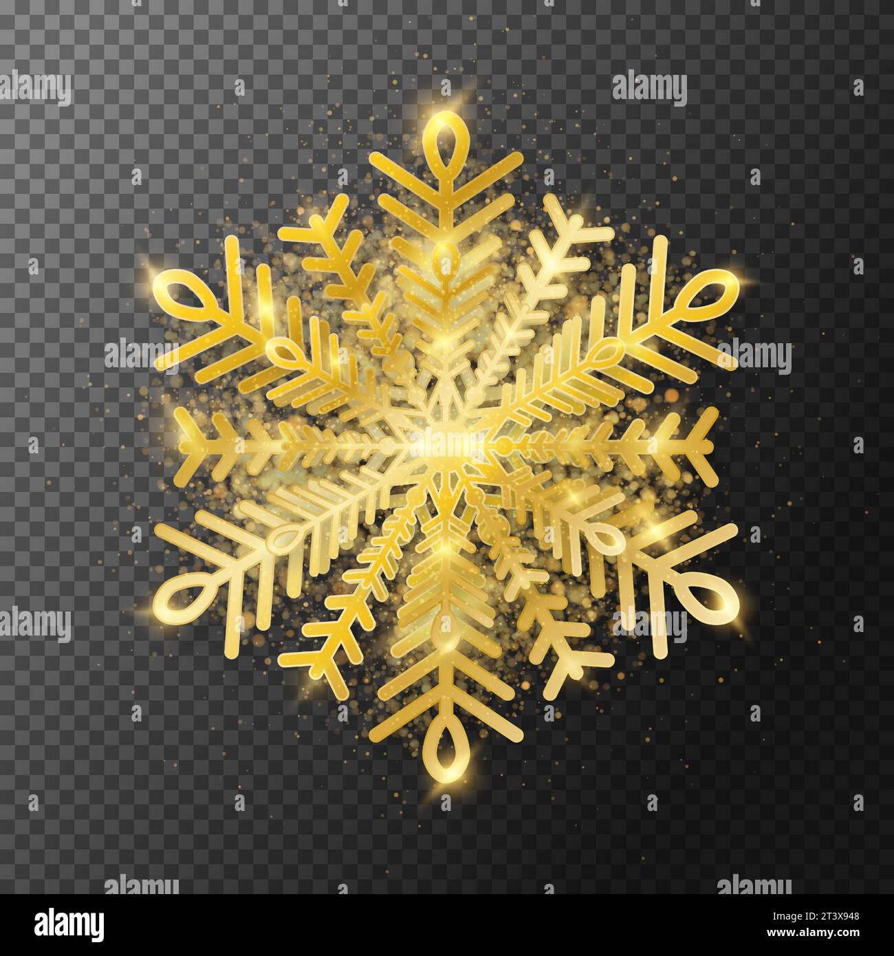 Golden snowflake with highlights and glitter on a transparent dark ...