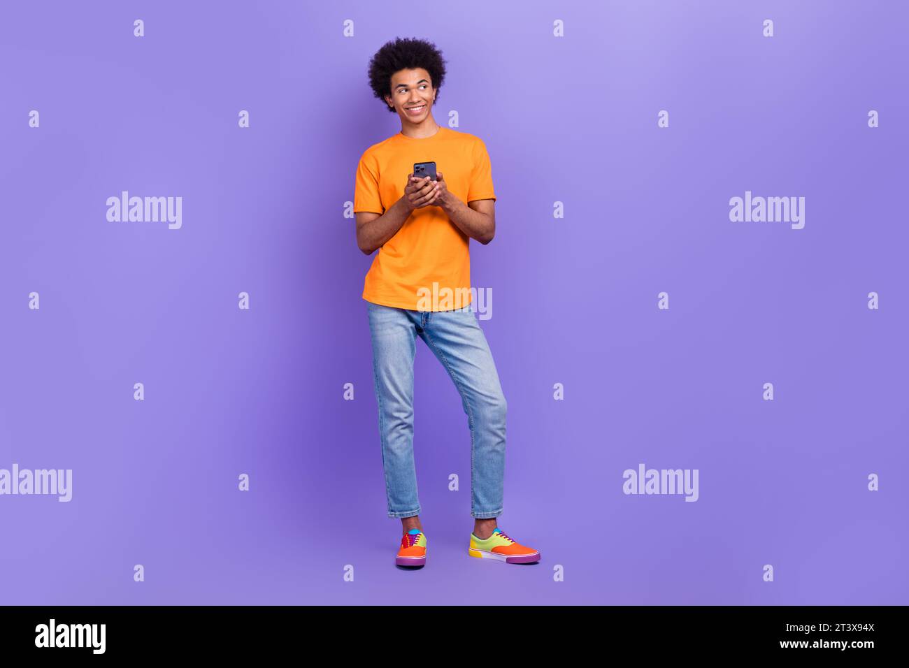 Full body photo of youngster guy texting his opinion forum look ...