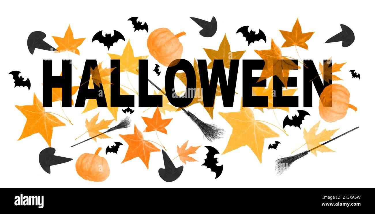 Halloween word, title with bats, pumpkins, witch hats and brooms. Also ...