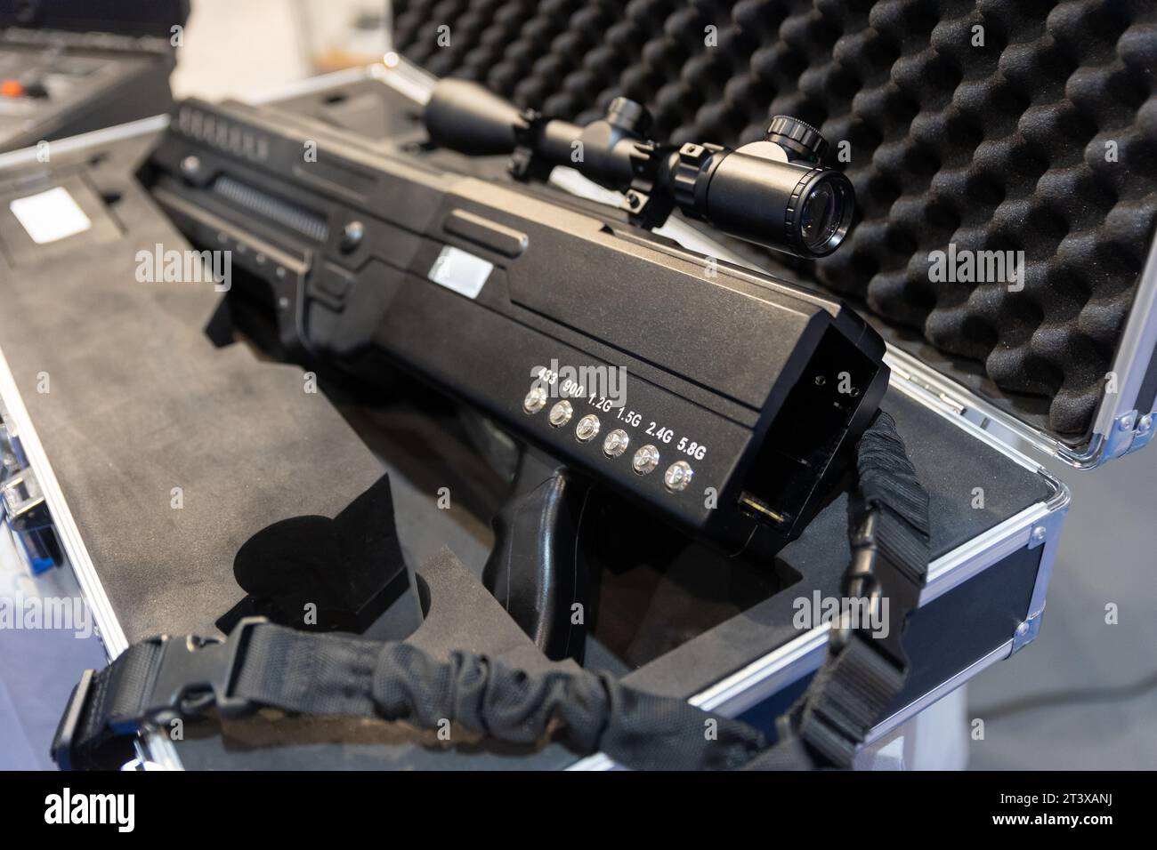 Black gun with mounted equipment - anti drone weapon Stock Photo - Alamy