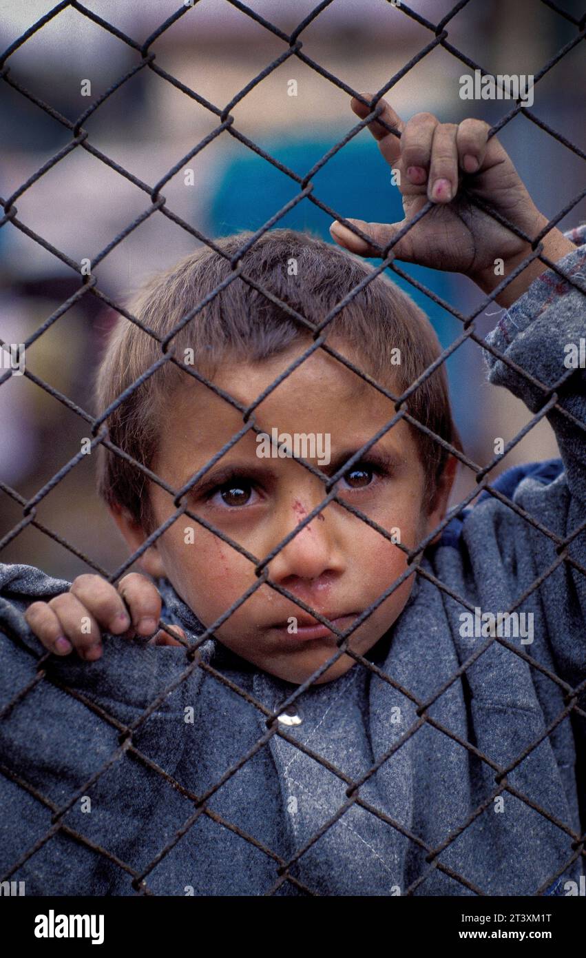Bulgaria, Sofia . Roma boy behind a fence of their living quarter in a ...